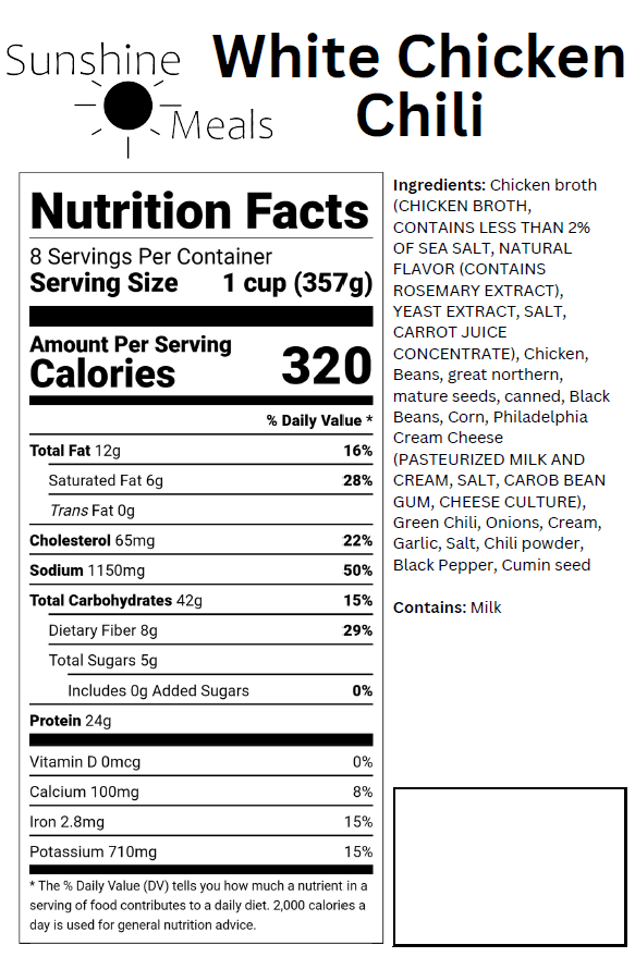 White Chicken Chili Nutritional Facts – Sunshine Meals
